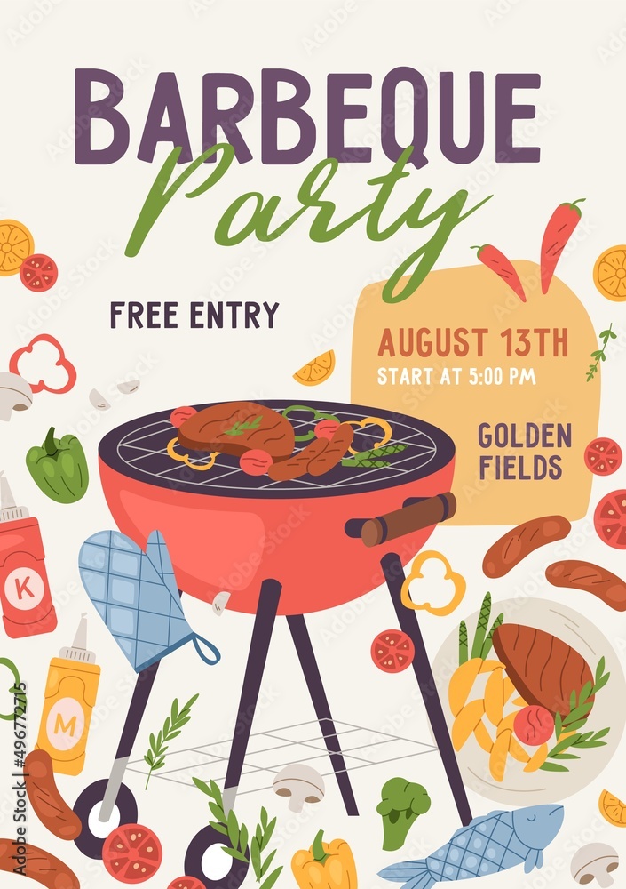BBQ party poster template. Ad flyer design with barbecue grill, brazier ...