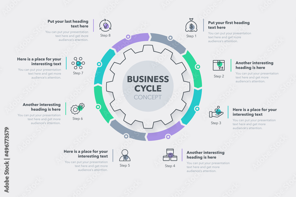 Business cycle template with eight colorful steps. Easy to use for your ...