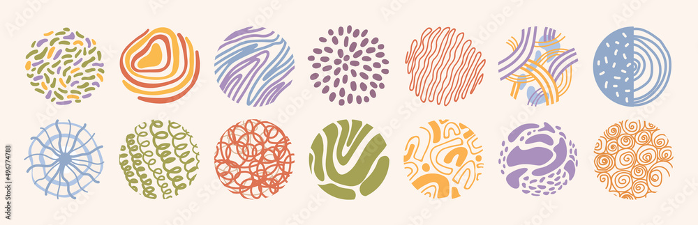 Textures and print samples, isolated set of circle pattern doodles ...