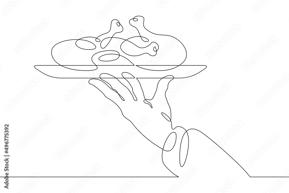 Hot bird. Chicken legs.One continuous line drawing.The waiter carries ...