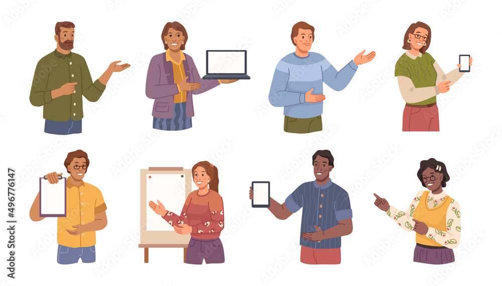 Workers and employees show presentations on whiteboards, laptop or ...