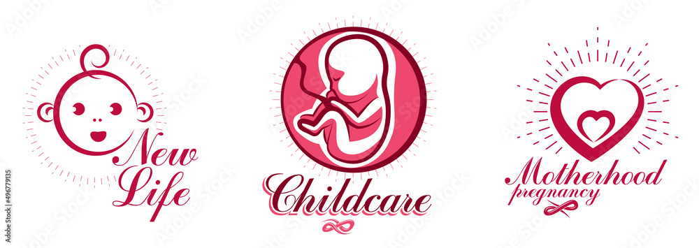 Pregnancy and motherhood theme vector illustrations set fetus drawings ...