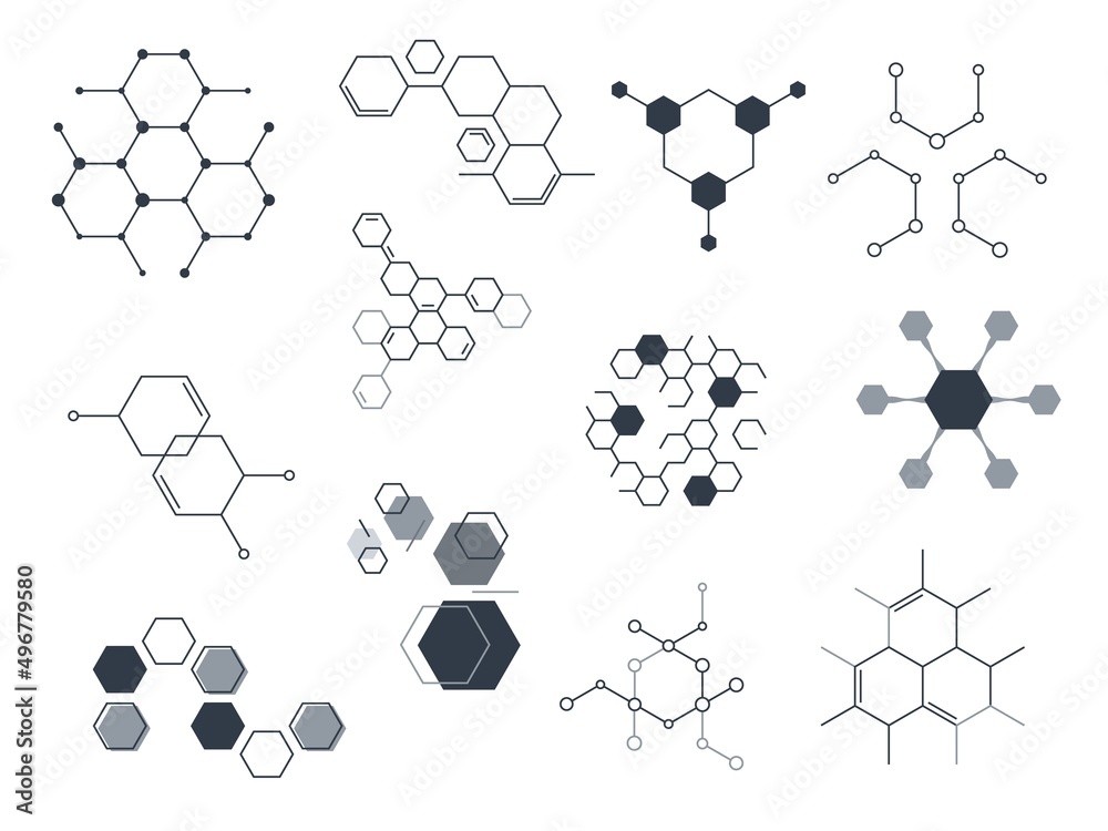 Hexagonal structures. Chemical molecular symbols. Science technology signs. Complex ...