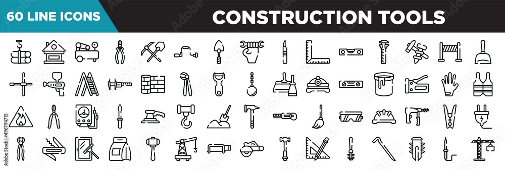 construction tools line icons set. linear icons collection. tubes hook ...