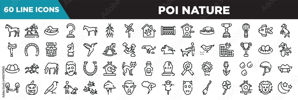Vetor de poi nature line icons set. linear icons collection. horse ...
