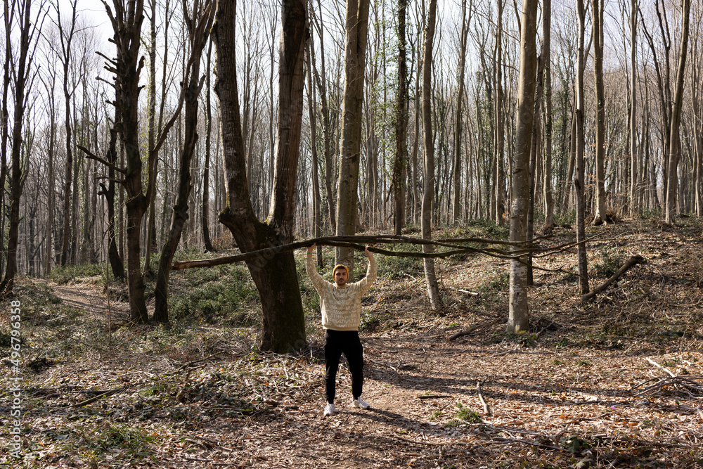 Strong lumberjack man chopping down a tree. He is carrying the cut down ...