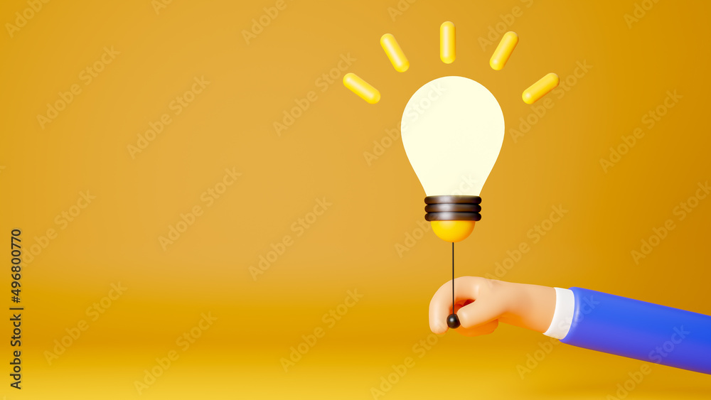 3d business hand pulling bright light bulb, great ideas competition ...