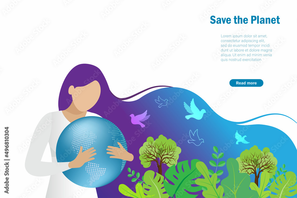 Save the planet and forest. Woman hold green planet in arm for ...