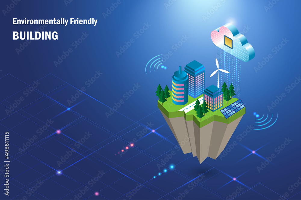 Green technology. Environmentally friendly buildings land with cloud ...