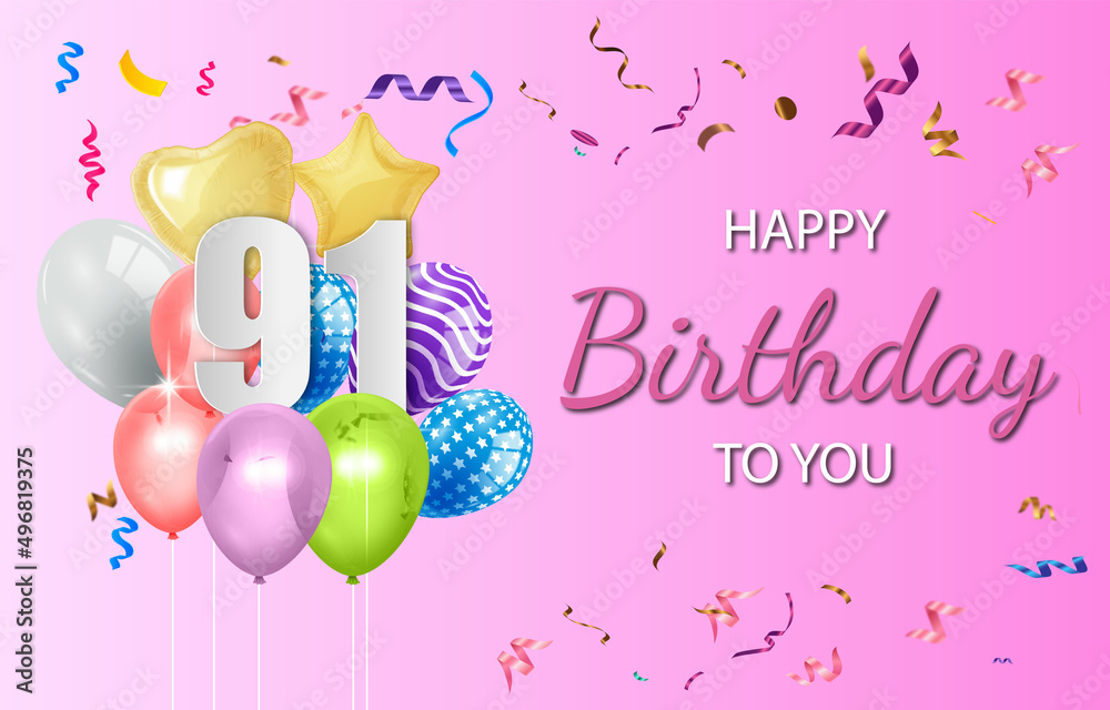 Happy 91th birthday balloons greeting card background vector. Happy ...