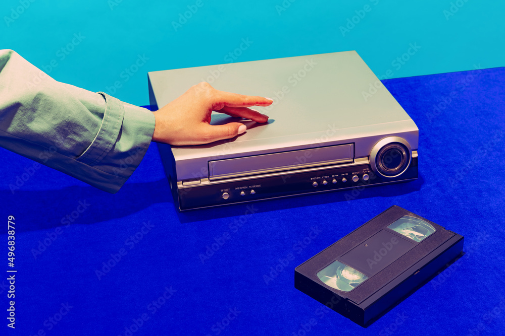 Pop art photography. Retro gadgets in modern life. Video recorder and ...