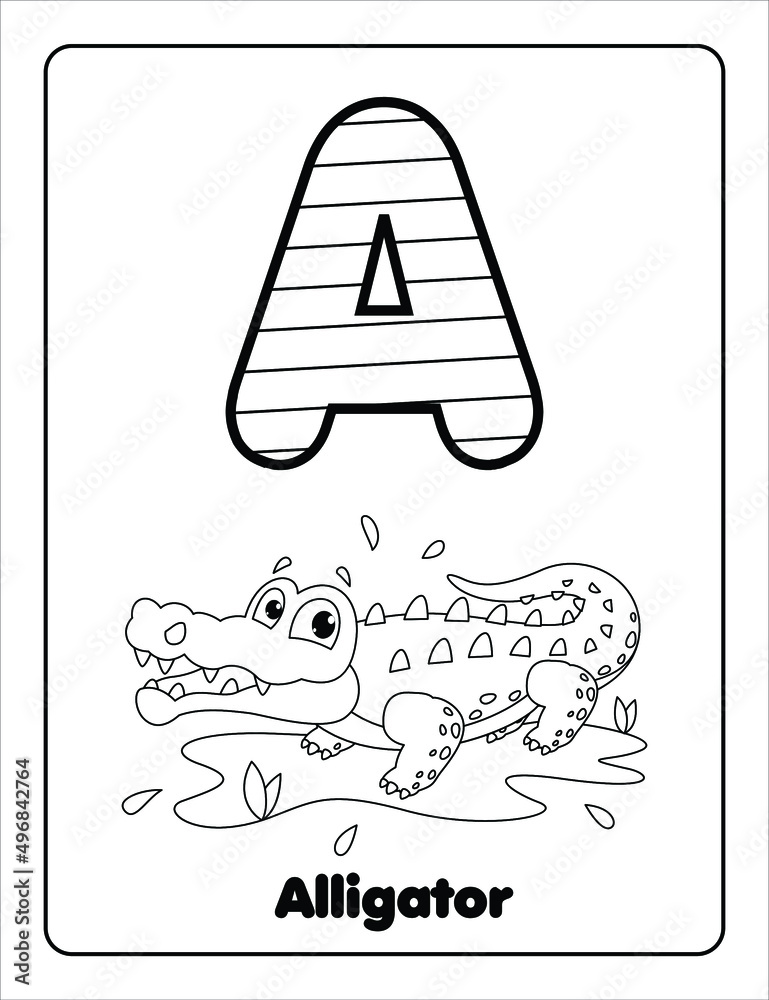 A is for Alligator Coloring page for preschool kids. Cute cartoon ...