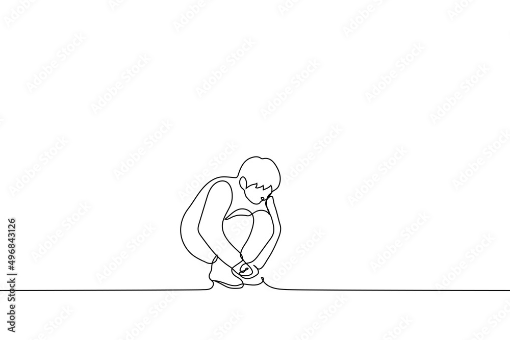man squatting cowering - one line drawing vector. concept of loneliness ...