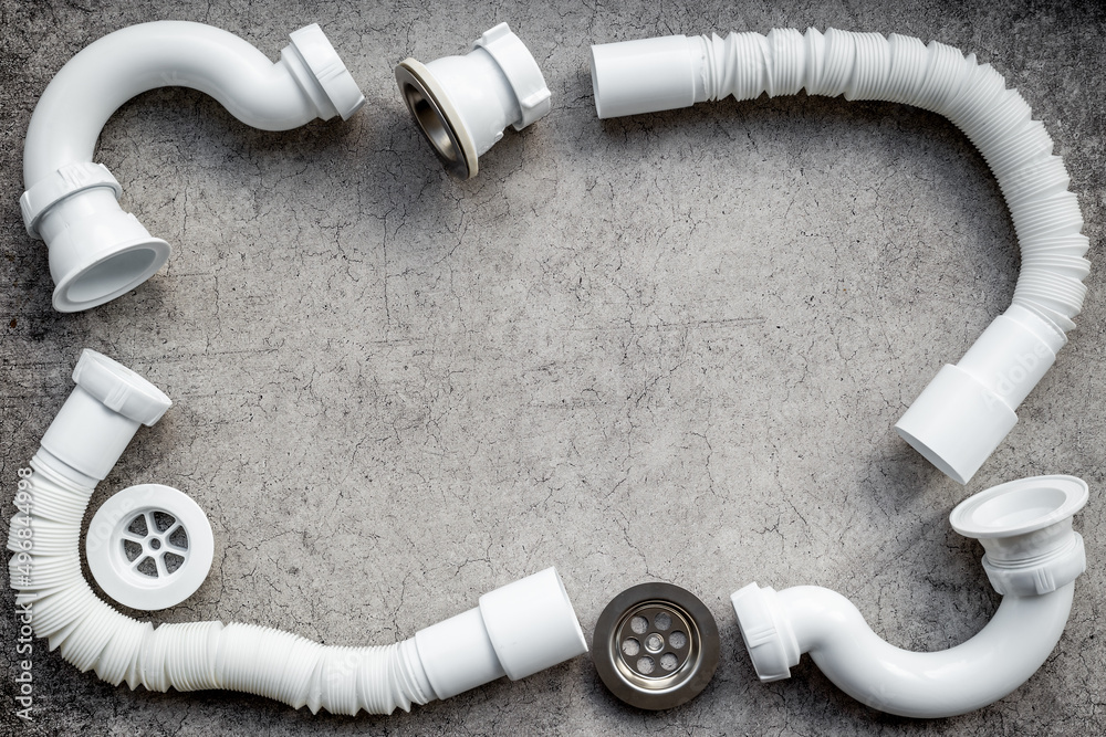 Plumbing work background frame. Plumbing pipes and tools Stock Photo ...
