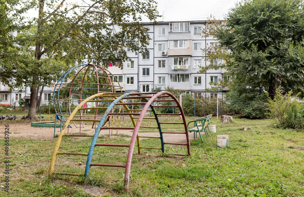 Courtyard of Khrushchyovka, common type of old low-cost apartment ...