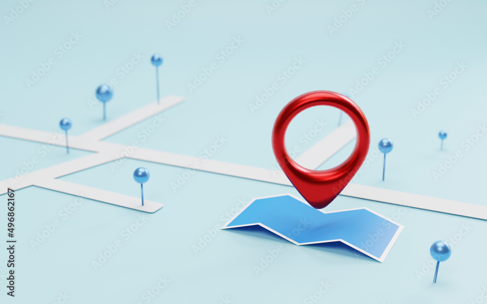Red Locator and blue location pin on navigator with map for search ...