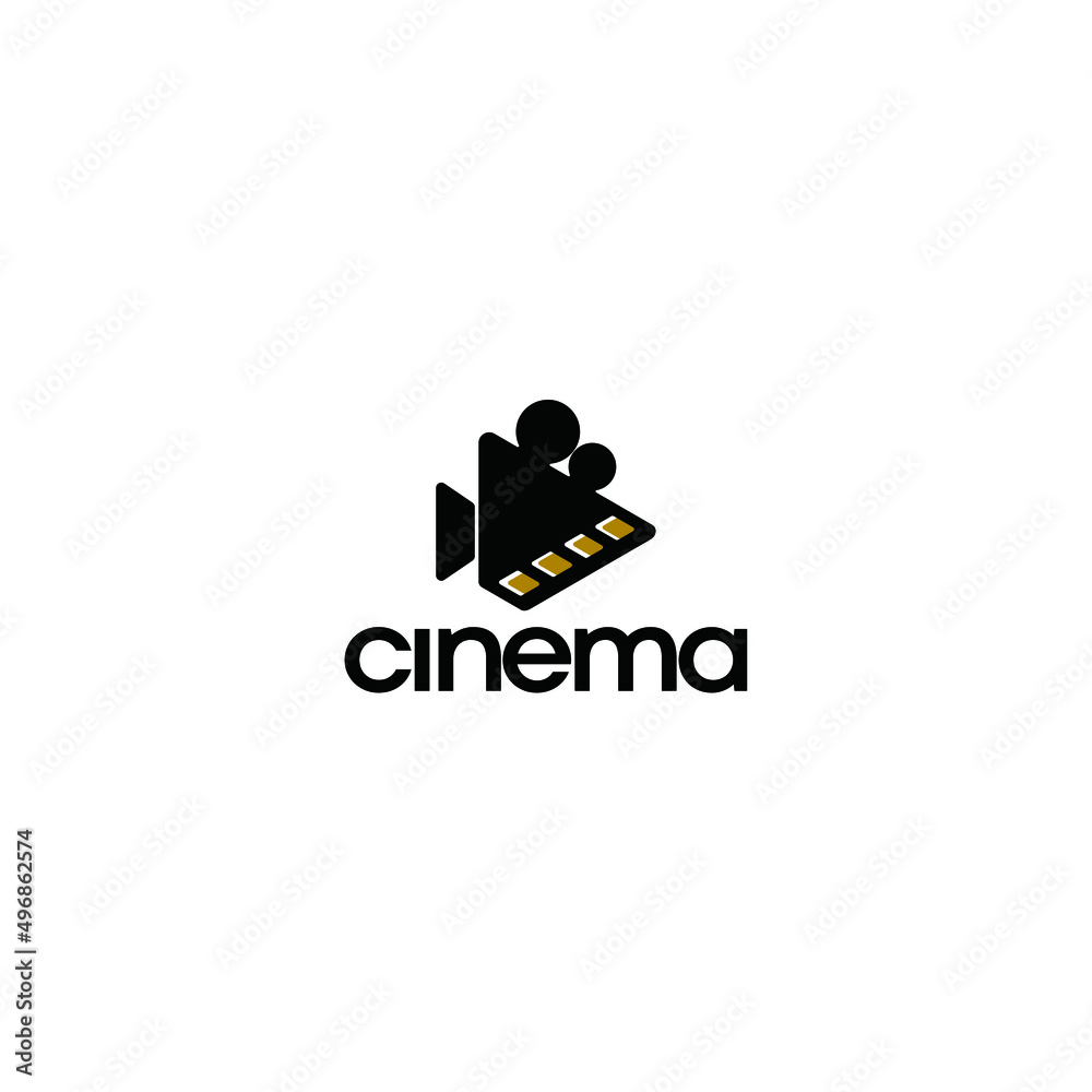 cinema logo with camera, strip film vector, and play symbol design ...