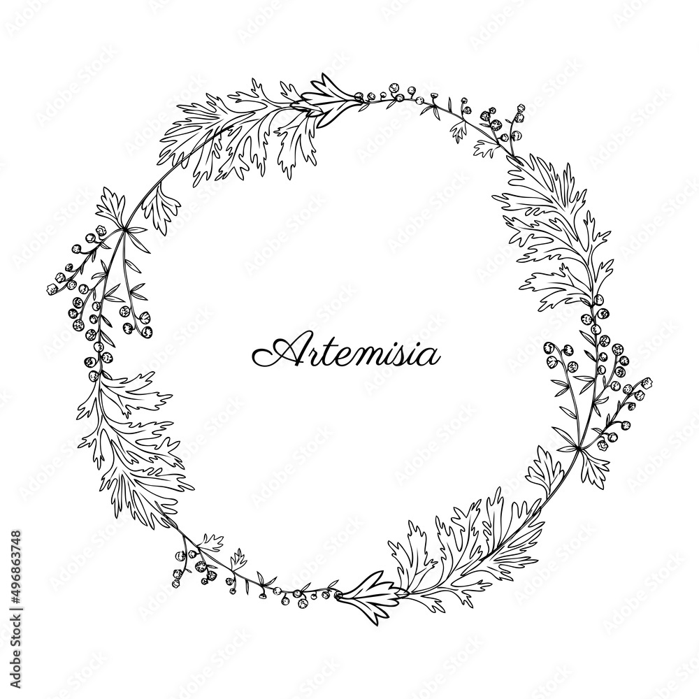 Round frame line art with Artemisia vulgaris wreath common wormwood ...