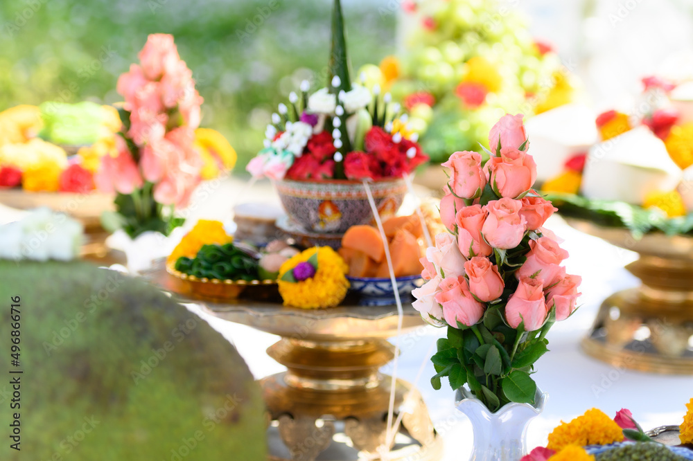 Various fruits and offerings were arranged for the worshiping ceremony ...