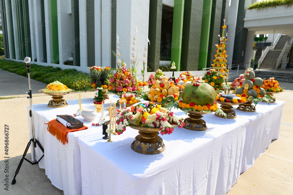 Various fruits and offerings were arranged for the worshiping ceremony ...