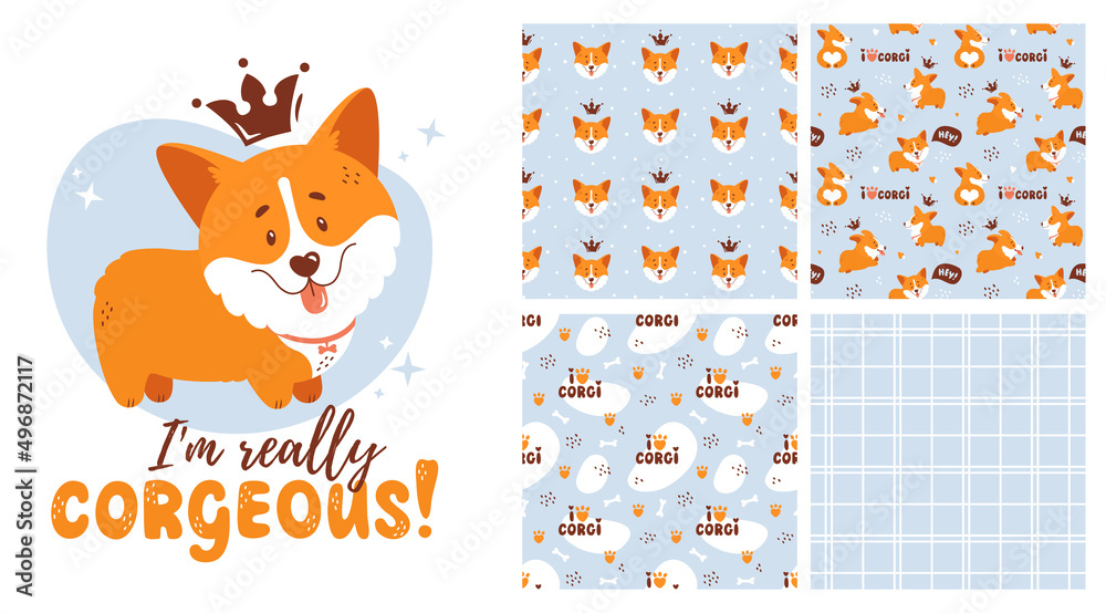 Corgi collection - seamless patterns and isolated illustration. Vector ...