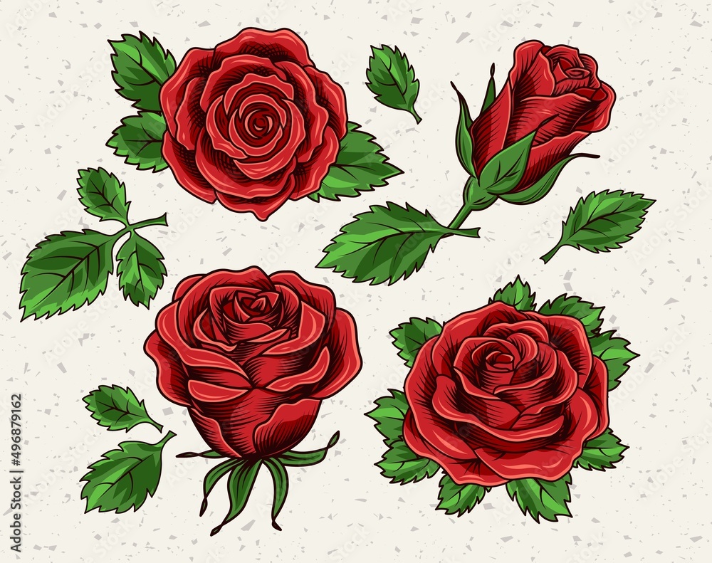 Clip art with lush blooming red roses and leaves. Single flowers and ...