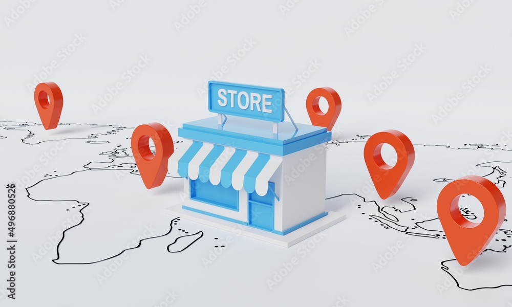 Store shop with location pin as franchising of famous branding on the ...