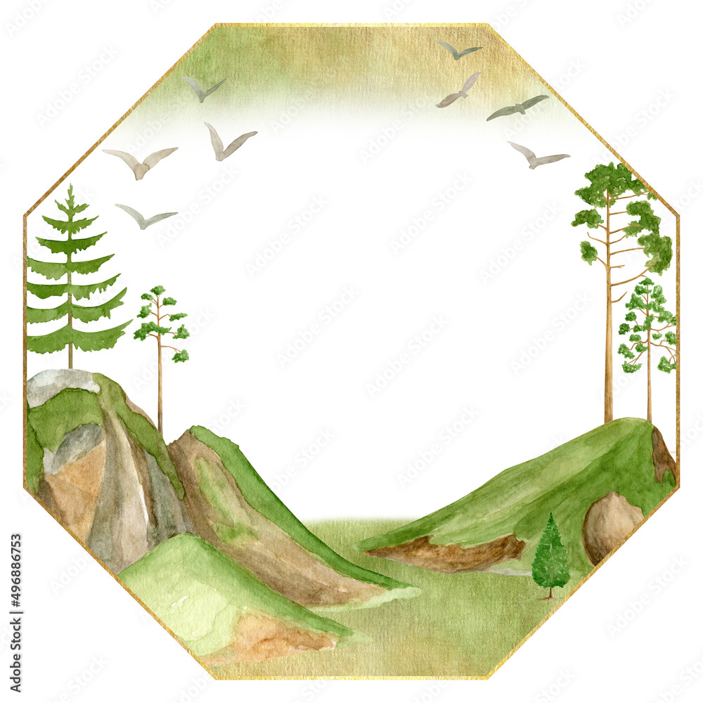 Watercolor mountains frame. Hand drawn hexagon template, green mountain ...