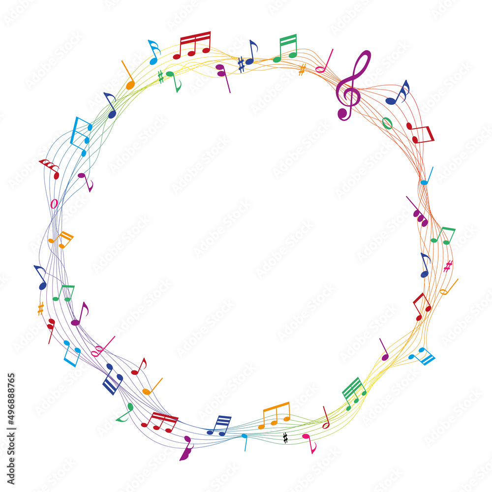 vector sheet music round frame - musical notes melody on white ...
