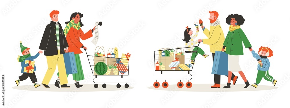Family members shopping together, flat cartoon vector illustration ...