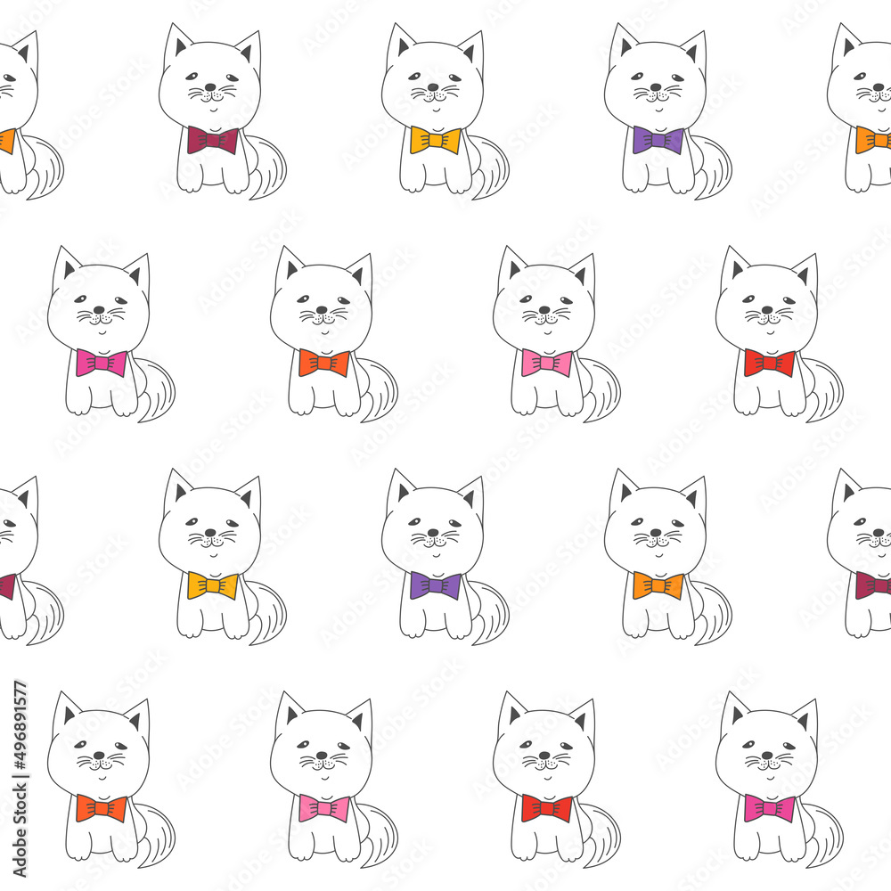 Cute cat characters on white background seamless pattern. Vector ...