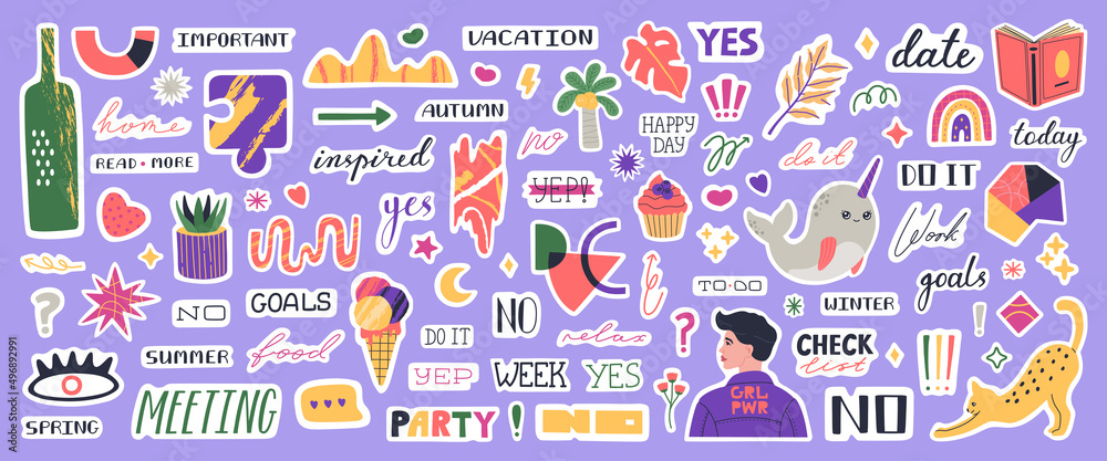 Big set of different trendy stickers planner. Colorful elements and ...