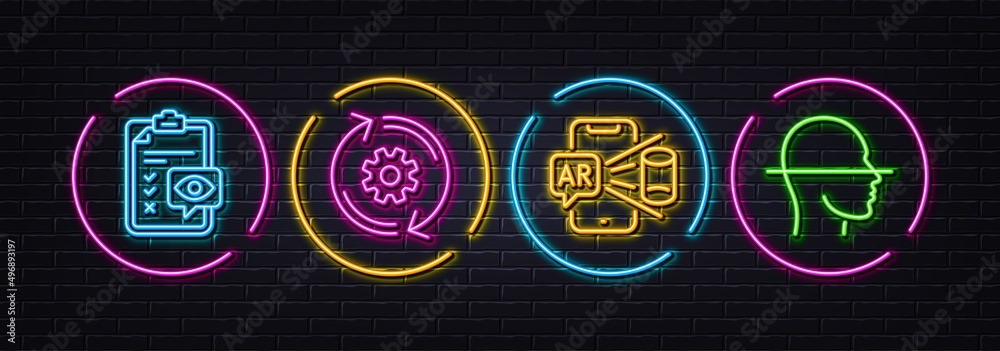 Eye checklist, Augmented reality and Cogwheel minimal line icons. Neon ...