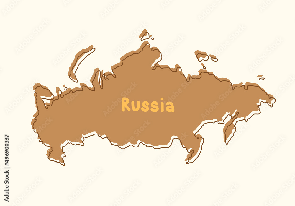 Hand-drawn map of Russia with text, and thin brown outline. Concept of ...