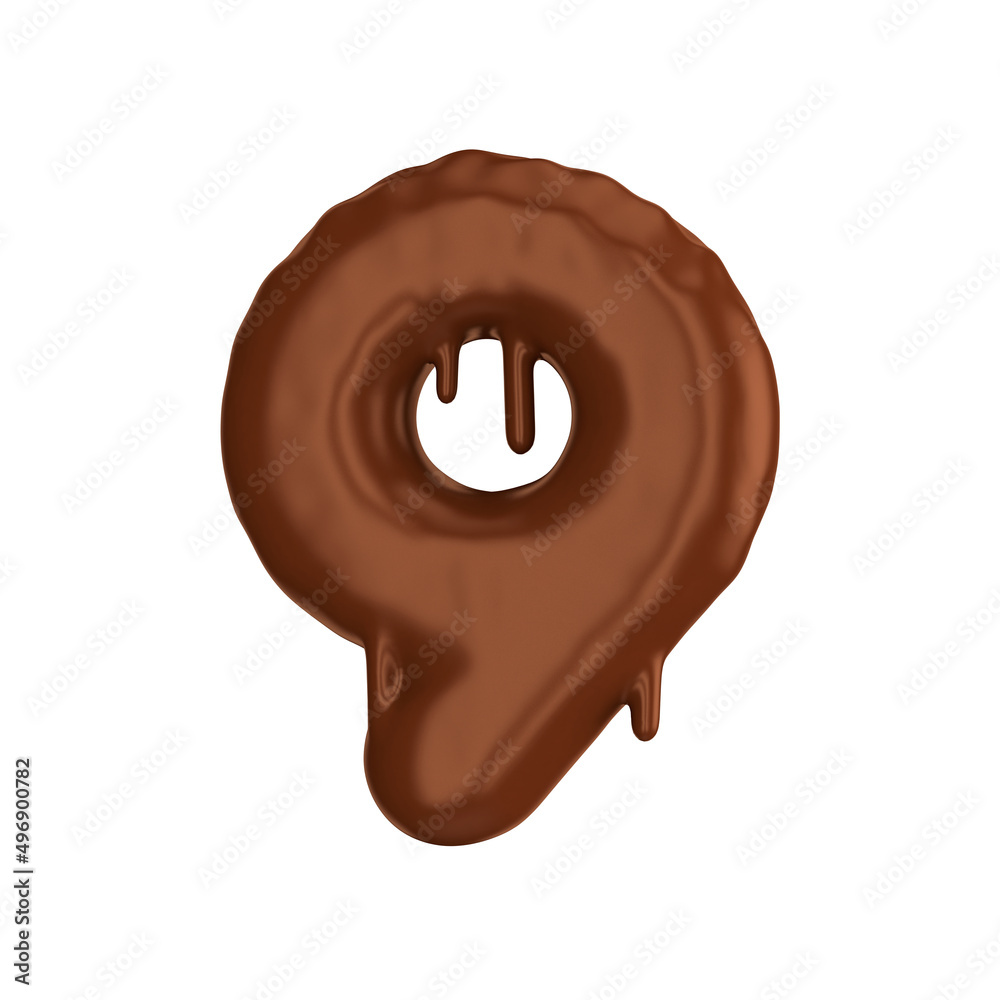 number nine chocolate melted isolated. 3d rendering melted number nine ...