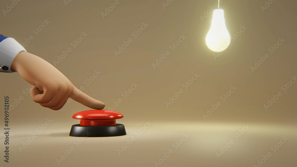 3d illustration of cartoon hand pushing red button and shining ...