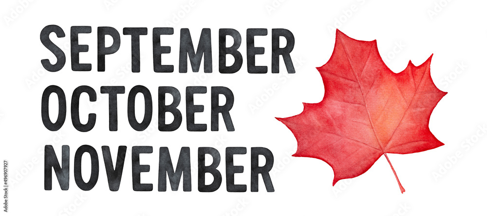 Watercolour illustration set of three Autumn months: September, October ...