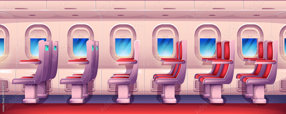 Cartoon empty airplane interior with aircraft windows and red passenger ...