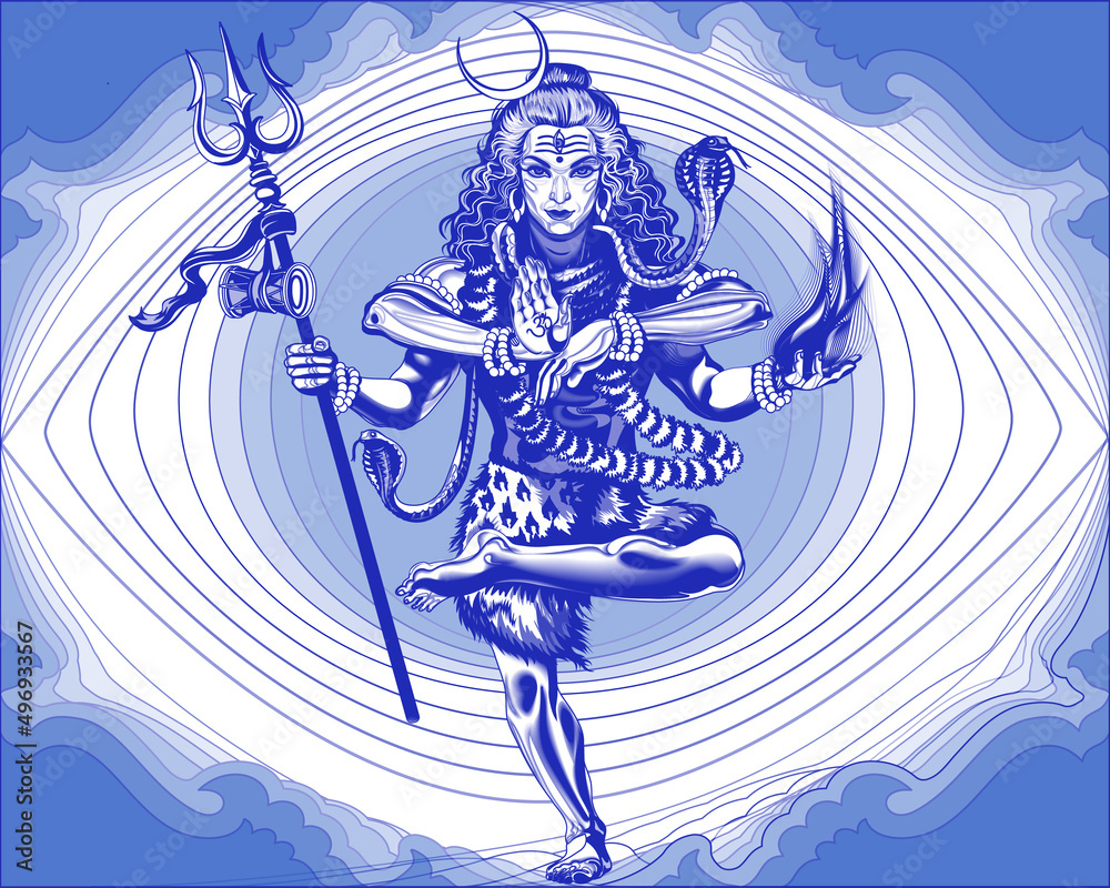 God Shiva. Linear drawing in gradations of blue color. Stock Vector ...
