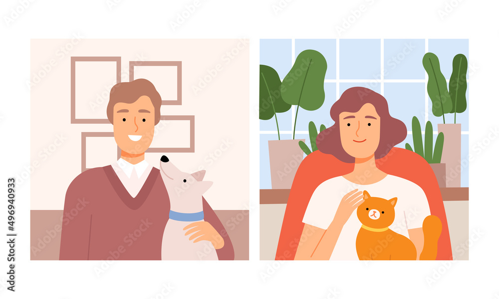 Cheerful people with pets talking by laptop webcam. Online video call ...