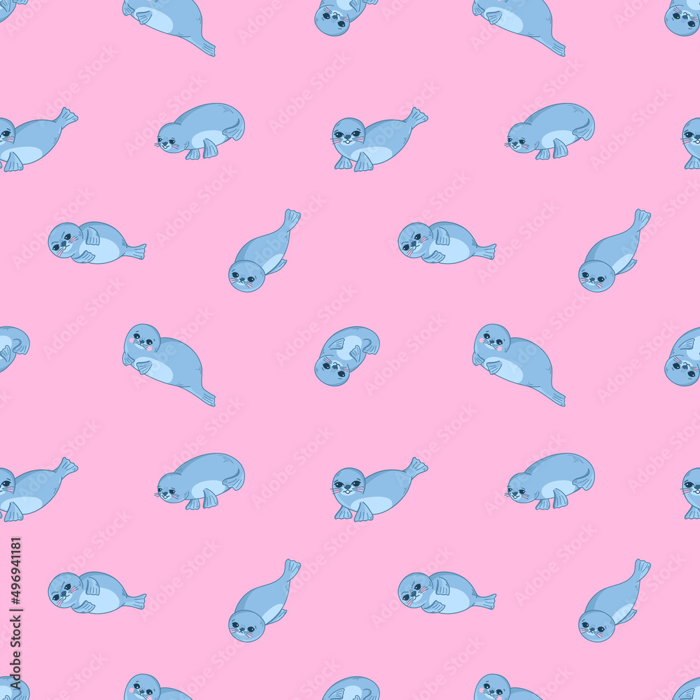 Vector pattern with cute sea seals, fur seals, funny sea animals in ...
