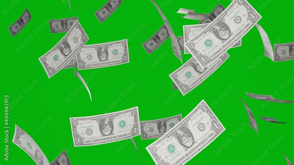 1 US banknotes. Banknotes falling down on chromakey background. Money ...
