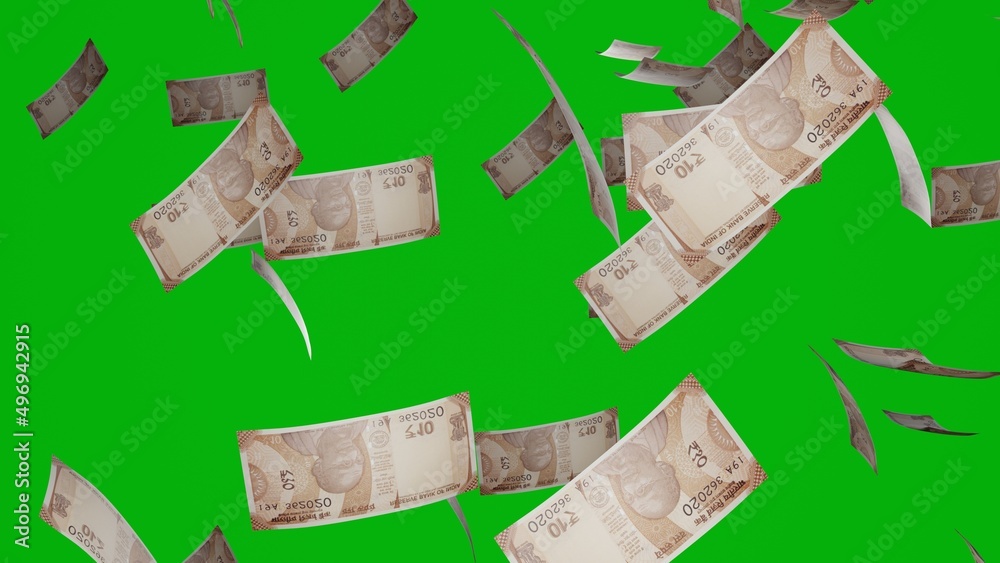 Many Banknotes falling down on chromakey background. 10 Indian rupee ...