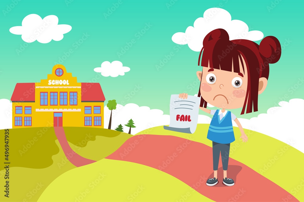 Cute Cartoon Girl Fail. Girl with Result Card Flat Illustration Stock ...