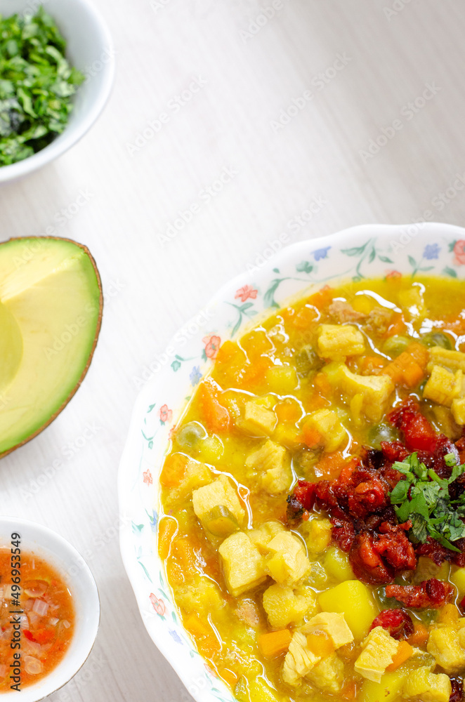 Plate with tripe soup, called mondongo, traditional food from Colombia ...