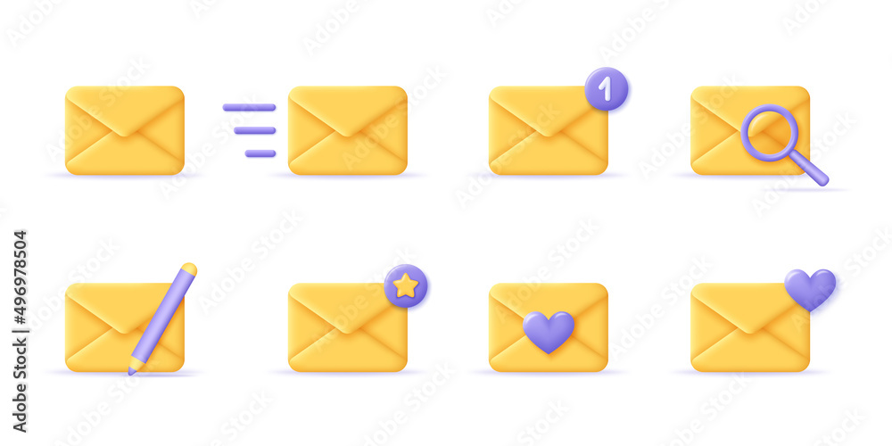 3D envelopes set icons. Render yellow envelopes with numbers, pencil ...
