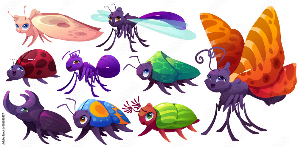 Cartoon insects characters mole, dragonfly, bedbug, butterfly, ladybug ...