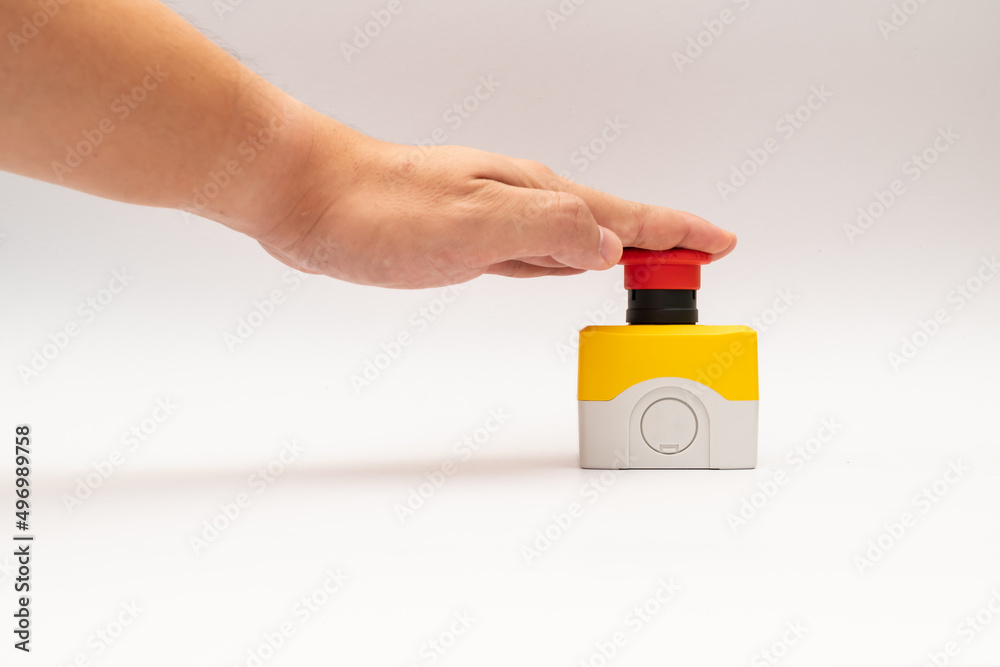 Stop Red Button and the Hand of Worker About to Press it. emergency ...