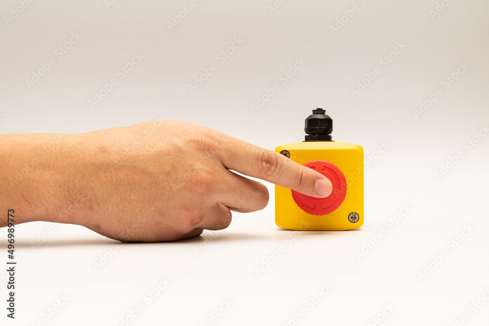 Stop Red Button and the Hand of Worker About to Press it. emergency ...