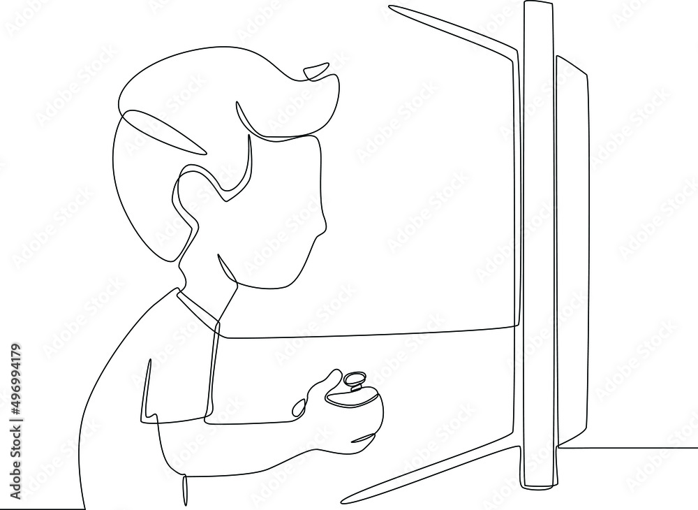 Simple continuous line drawing boy kid sitting at tv screen with ...